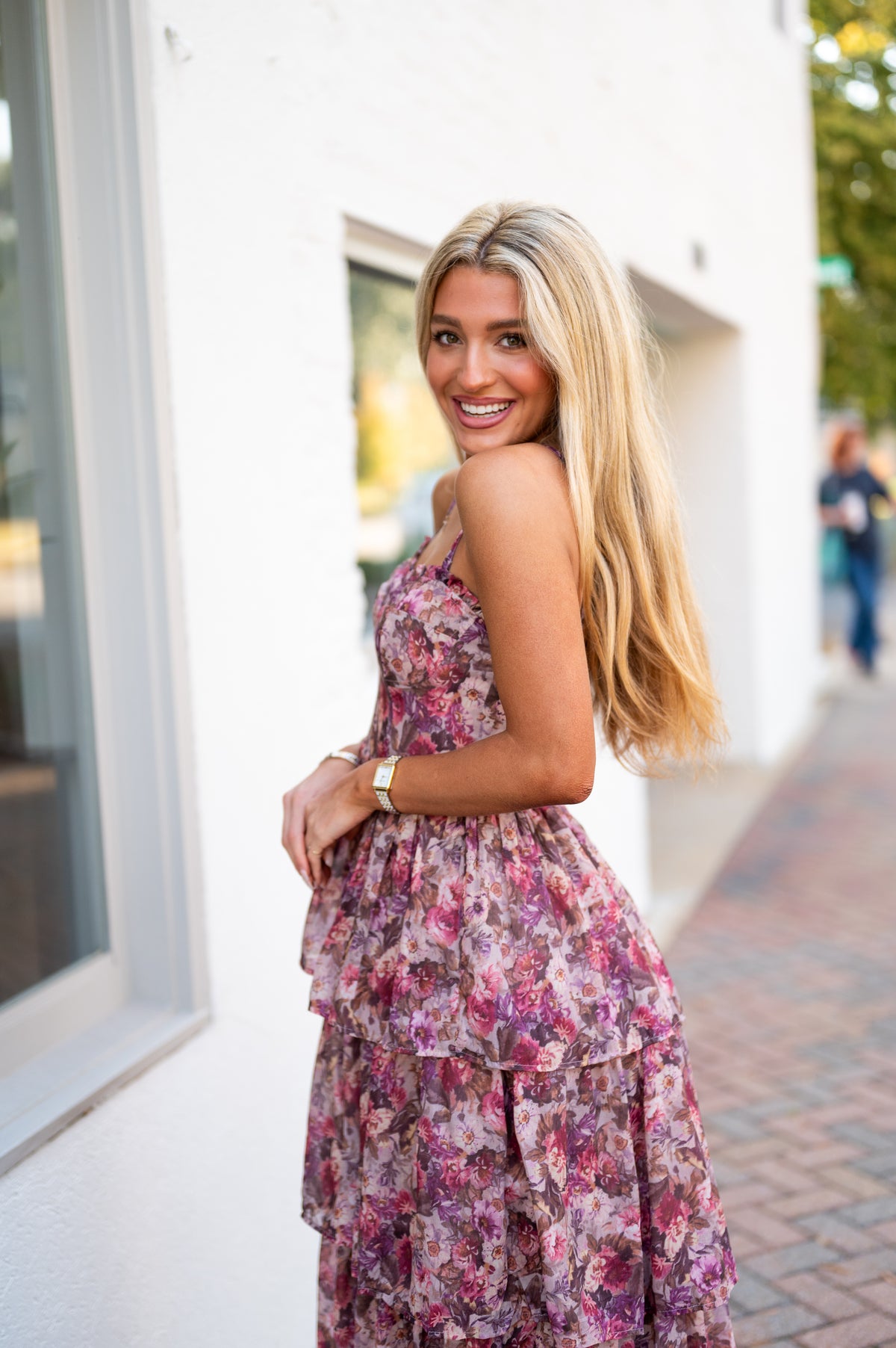 Callie Tiered Midi Dress-Beige/Pink | Inside Out Boutique