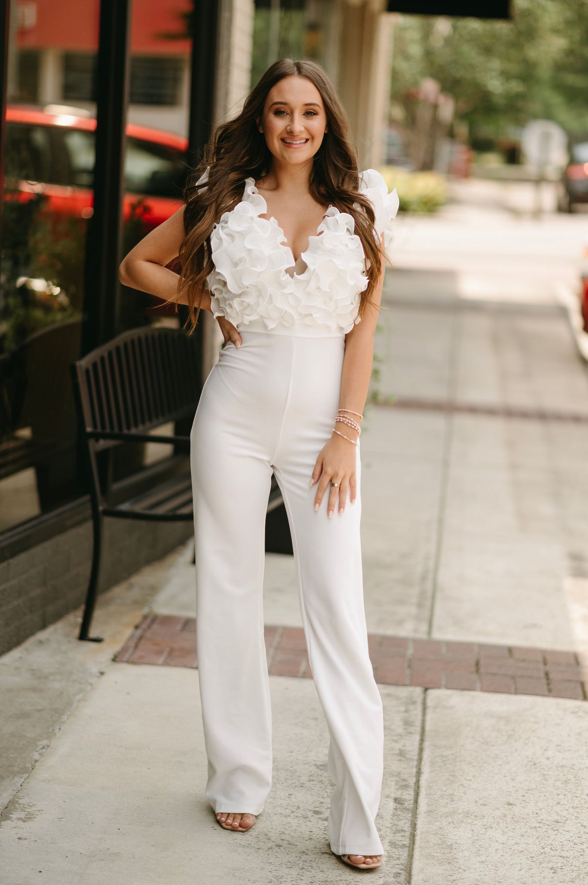 Textured Ruffle Jumpsuit - White | Inside Out Boutique