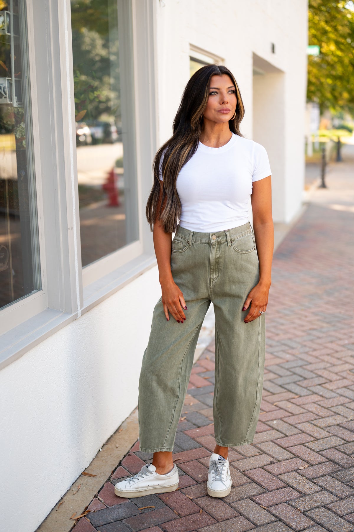 Cadence Barrel Denim Jeans-Olive Green | Inside Out Boutique