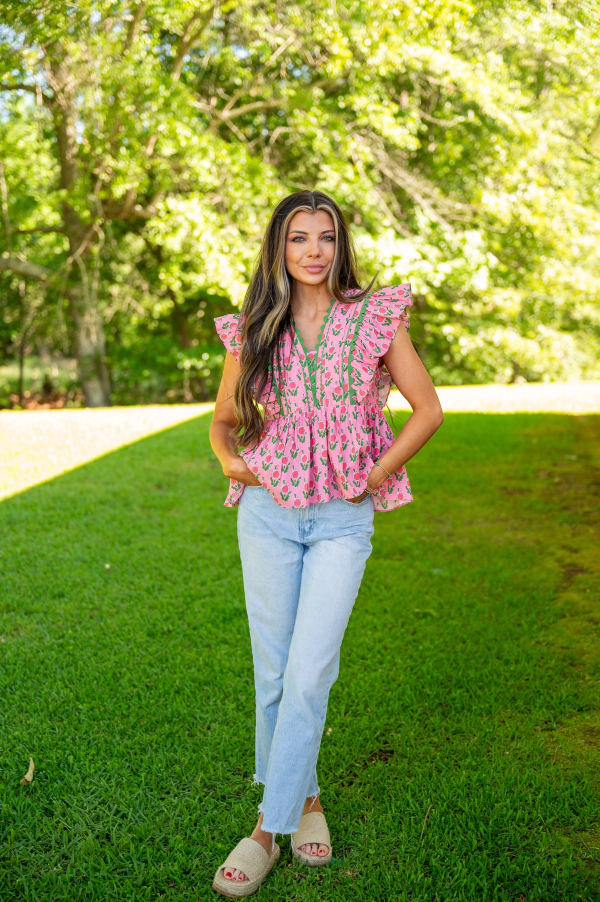 Jane Floral Ruffle Top-Pink | Inside Out Boutique